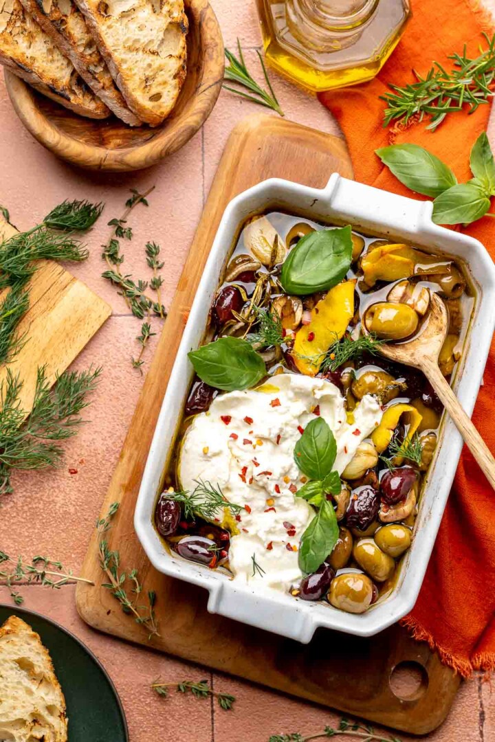 Herb Roasted Olives with Burrata – The Cozy Plum