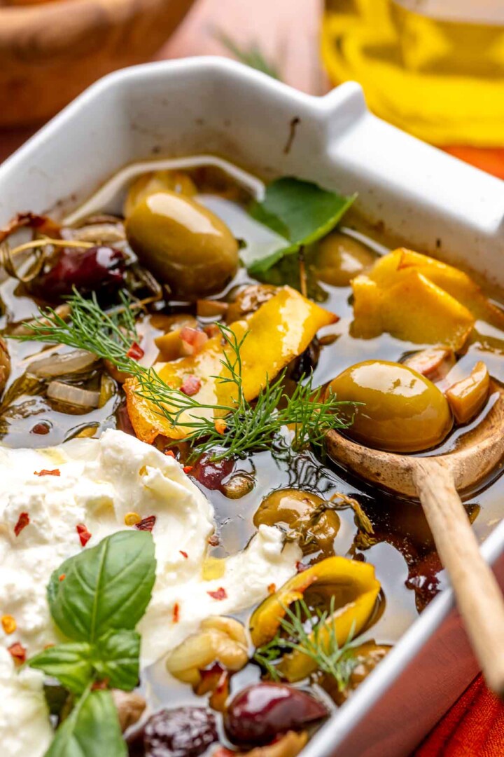 Herb Roasted Olives with Burrata – The Cozy Plum