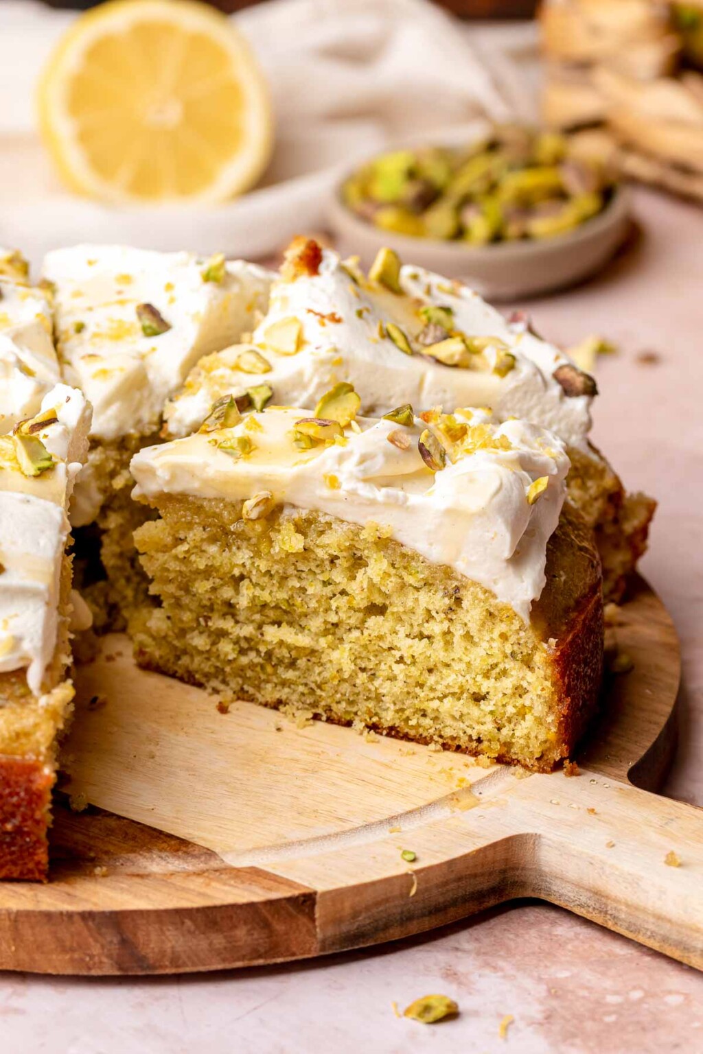 Lemon Pistachio Cake with Honey Mascarpone Frosting – The Cozy Plum